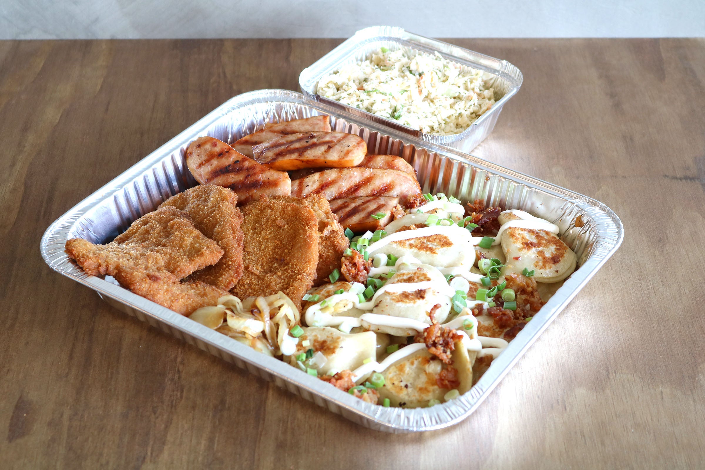 Feast platter - Pierogies Schnitzel Kielbasa and Side Salad | Pierogi House